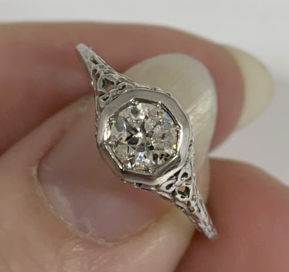 Art Deco Vintage 18k White Gold .5 Carat Solitaire Natural Diamond Ring ...