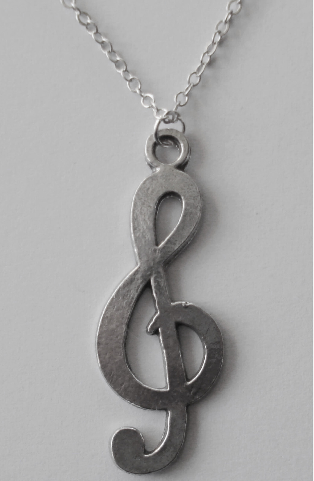 Chain Necklace #277 Pewter TREBLE CLEF MUSICAL NOTE (35mm) Silver Tone ...