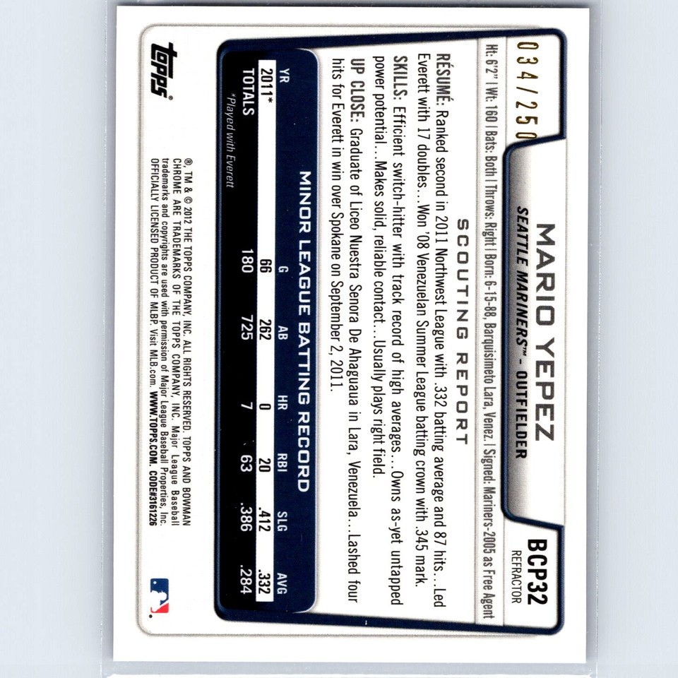 2012 Bowman Mario Yepez #BCP32 Chrome Blue Refractors #/250 Seattle ...