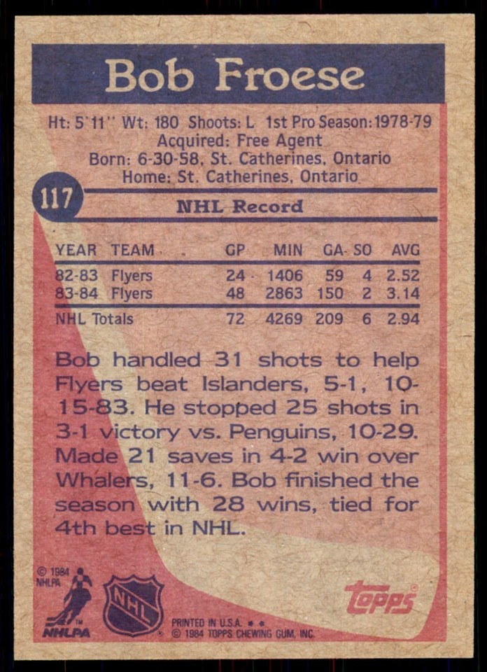 1984-85 Topps #117 Bob Froese | eBay