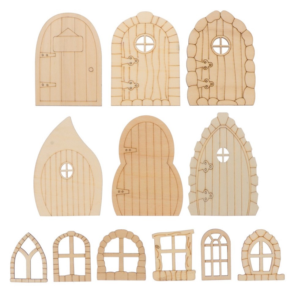 48 Pcs Fairy House Doors Chips Children's Painted Wood Creative Decor ...