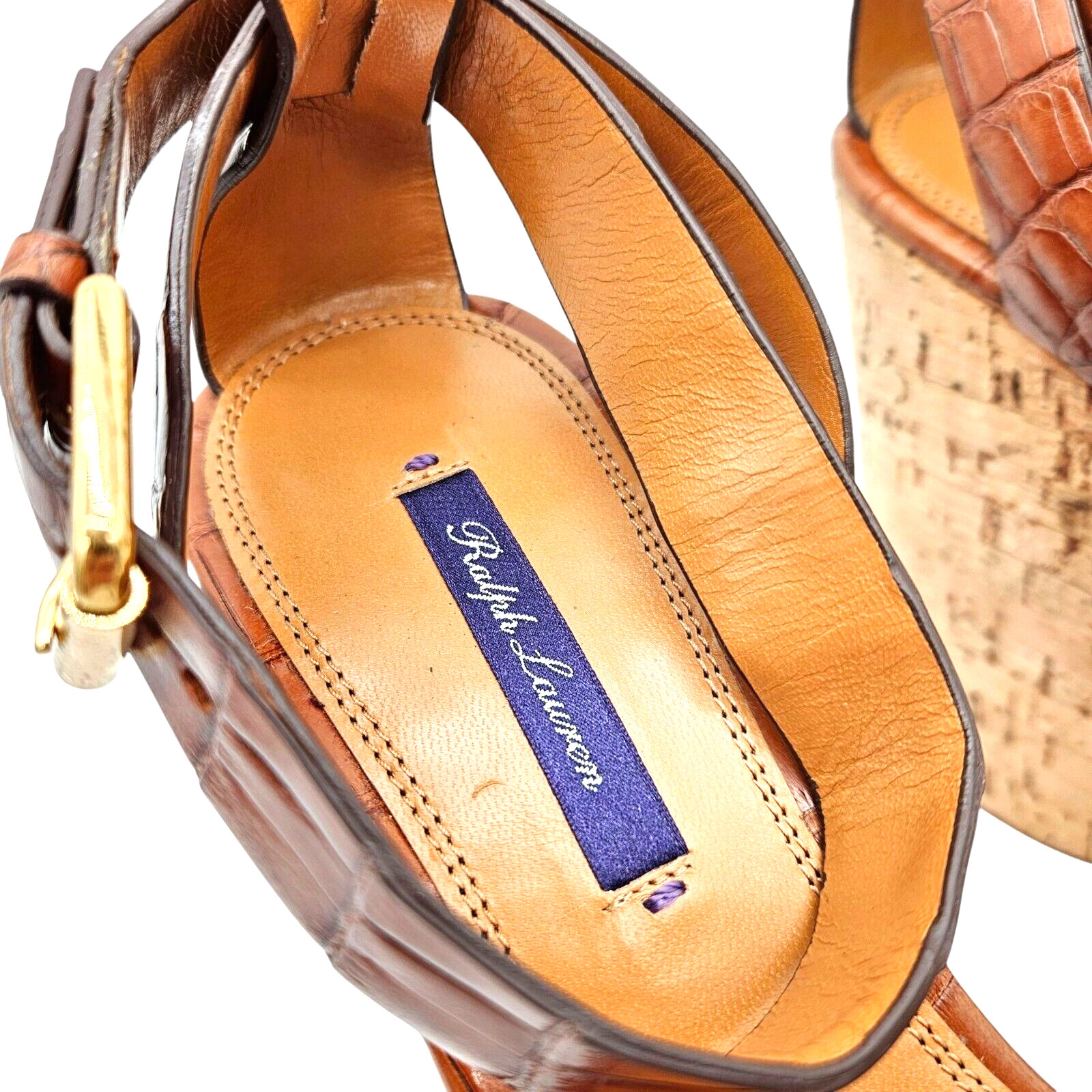 Ralph Lauren Purple Label Cork Platform Wedge, Croc Skin Brown Leather ...