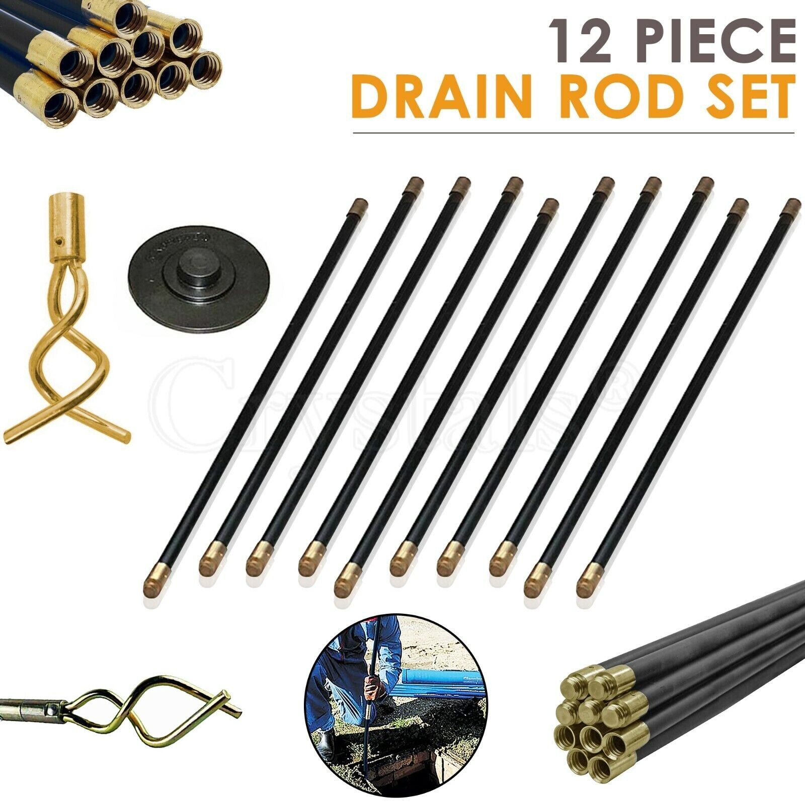 12 Piece 9m Drain Rods Plumbing Rod Set Cleaning Drainage Worm Screw ...