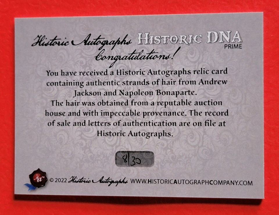 NAPOLEAN BONAPARTE HAIR STRAND RELIC CARD ANDREW JACKSON HISTORIC DNA # ...