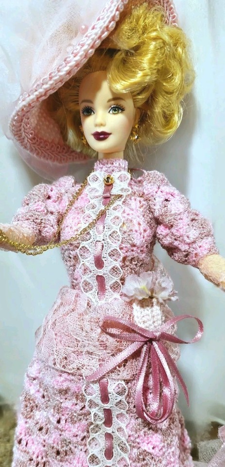 OOAK BLONDE BARBIE in VARIEGATED PINK CROCHET VINTAGE STYLE GOWN w ...