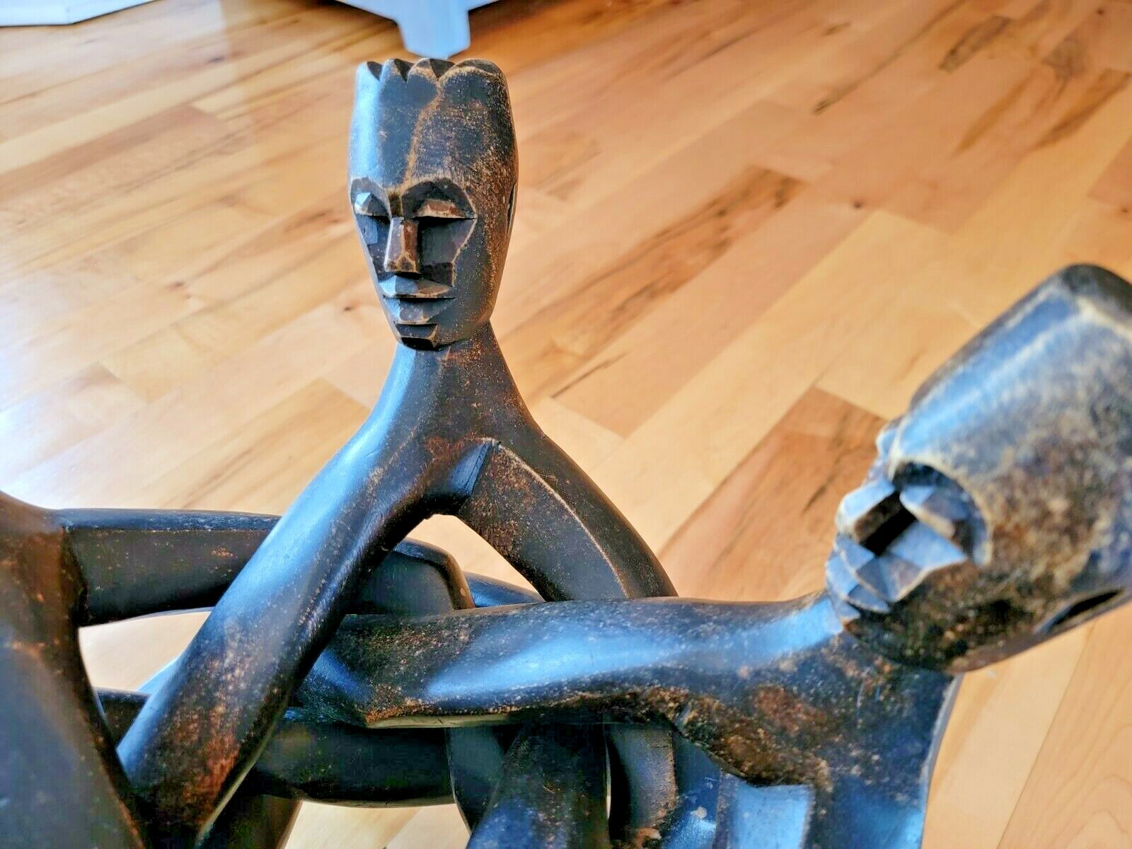 VINTAGE African Unity Circle Sculpture 5 Head Figure Ghana Carved Wood ...