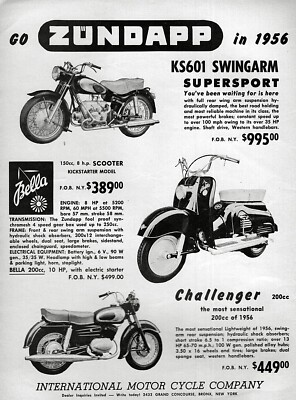 1956 Zundapp KS601 Motorcycle & Bella Scooter Original Print Ad | eBay