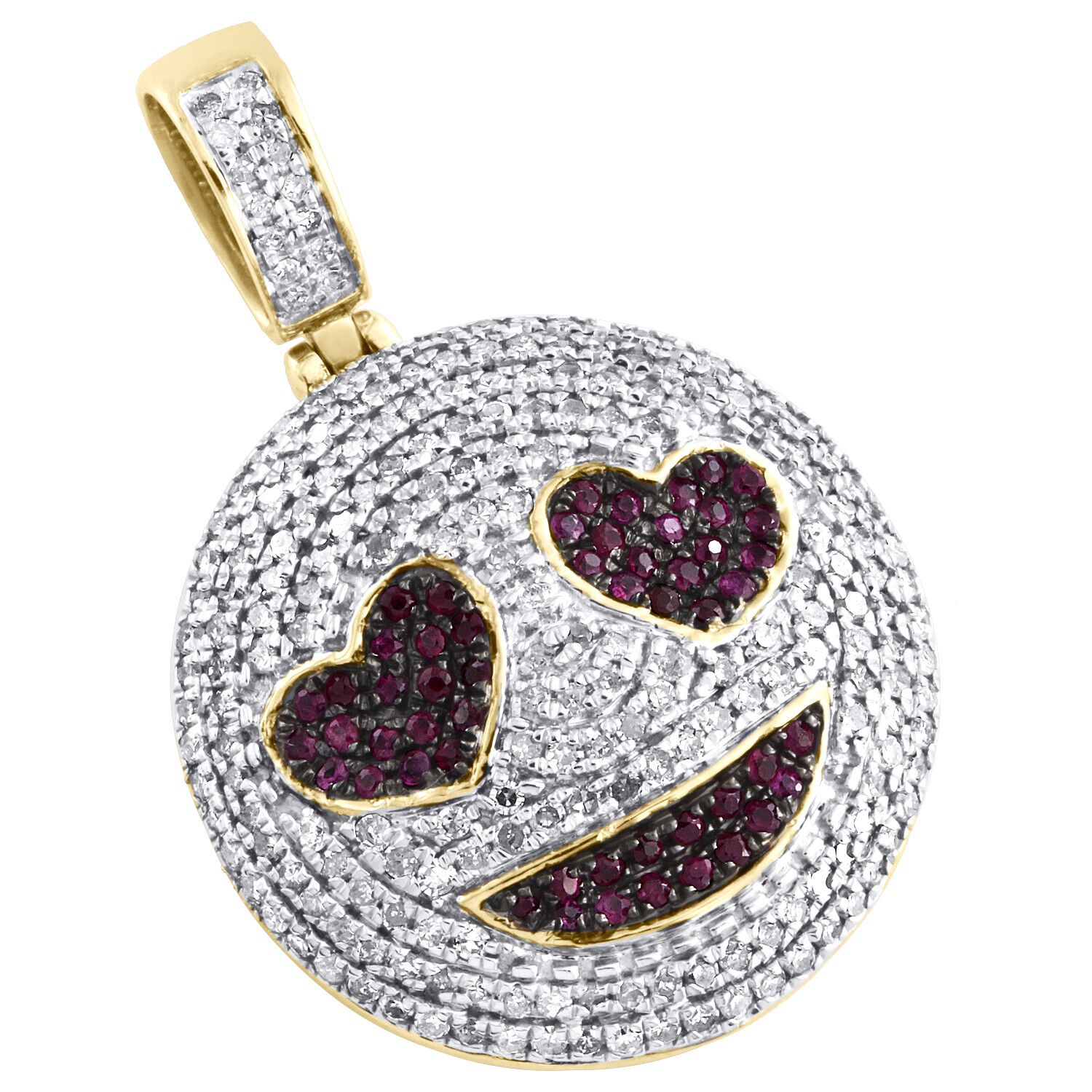 10K Yellow Gold Diamond Smiling Face Heart Eyes Emoji Pendant Pave ...