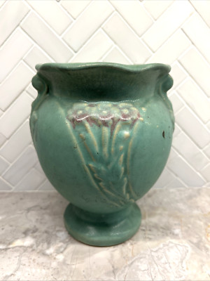 Vintage Brush Mccoy Pottery Ceramic Green Flower Vase Pot 6.5” Tall Art ...