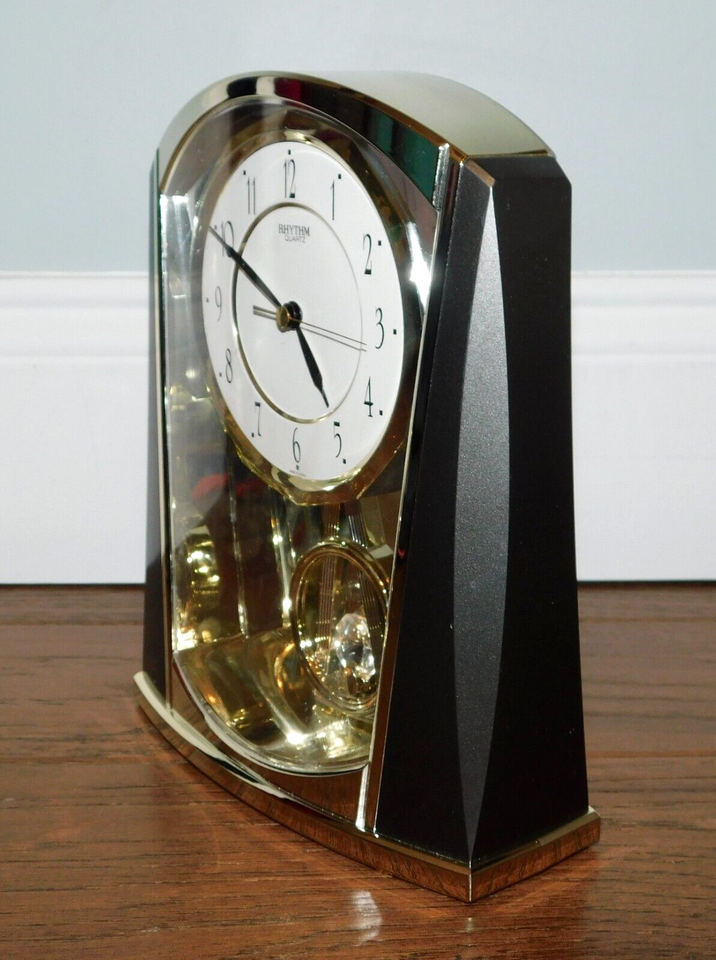 RHYTHM Quartz Mantel Crystal Clock Vintage MCM Desk Pendulum Gold Japan ...