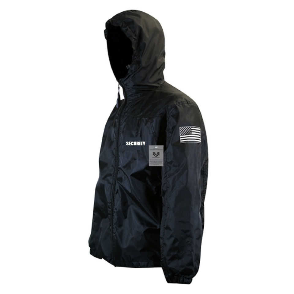 Black Security Guard Officer Windbreaker Zipper Light Rain Jacket Coat ...
