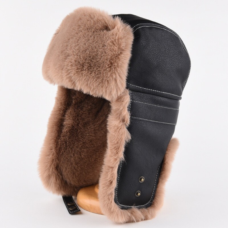 Men Leather Aviator Russian Ushanka Trapper Hat Faux Fur Winter Ear ...