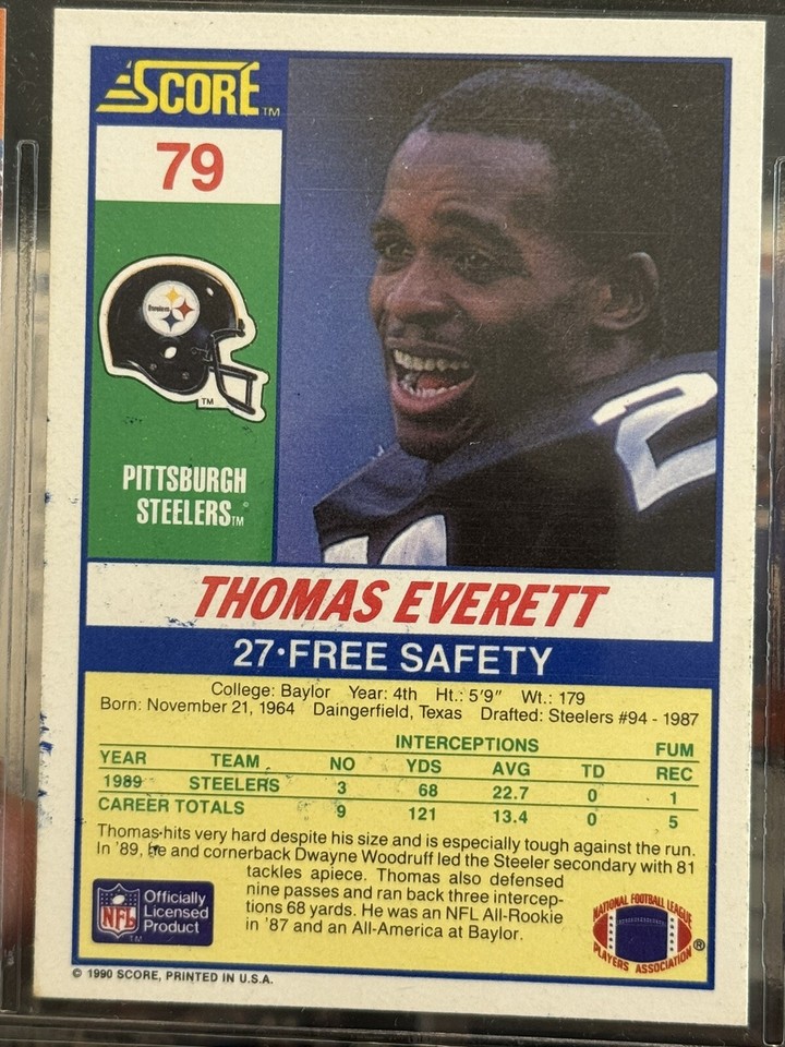 Thomas Everett 79 Score 1990 NFL Football Trading Card Pittsburgh ...