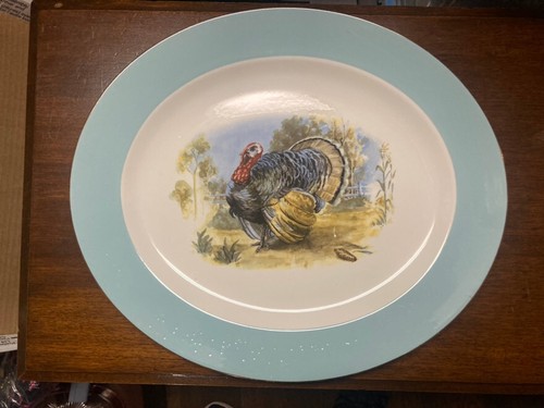 Vtg 15" Oval Turkey Platter Thanksgiving Plate Hand Painted Blue Rim ...