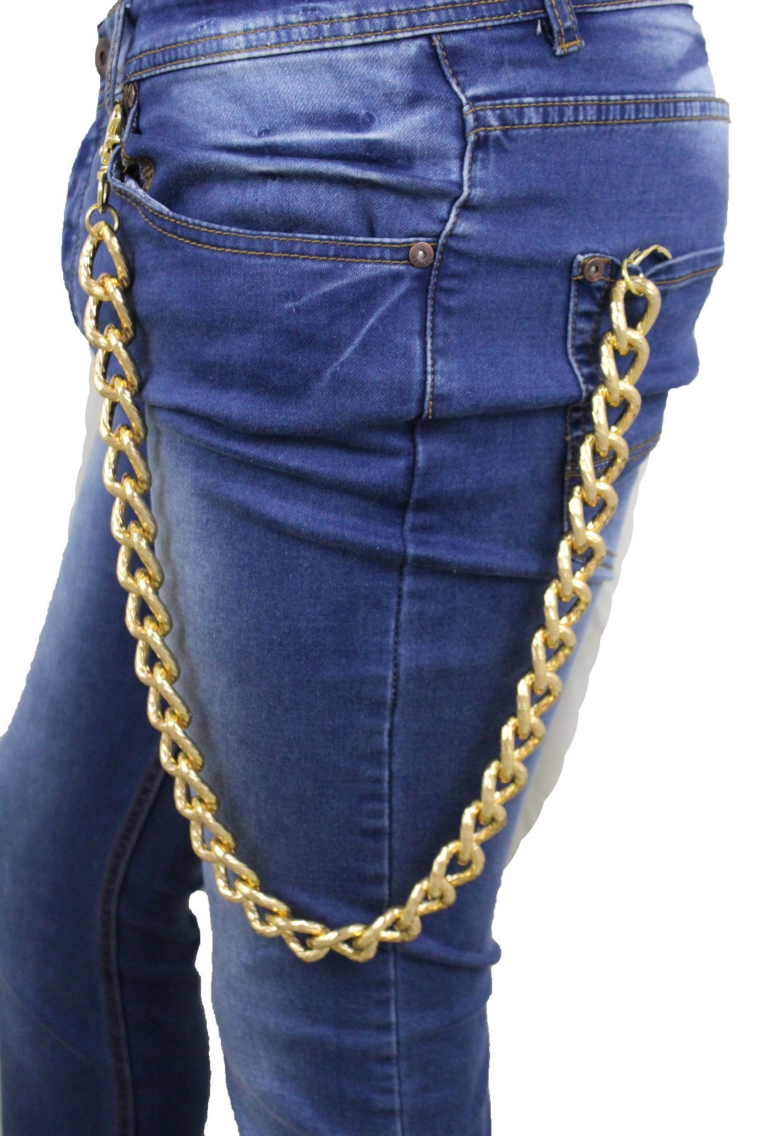 Men Gold Long Wallet Chain Metal Textured Link KeyChain Chunky Jean ...