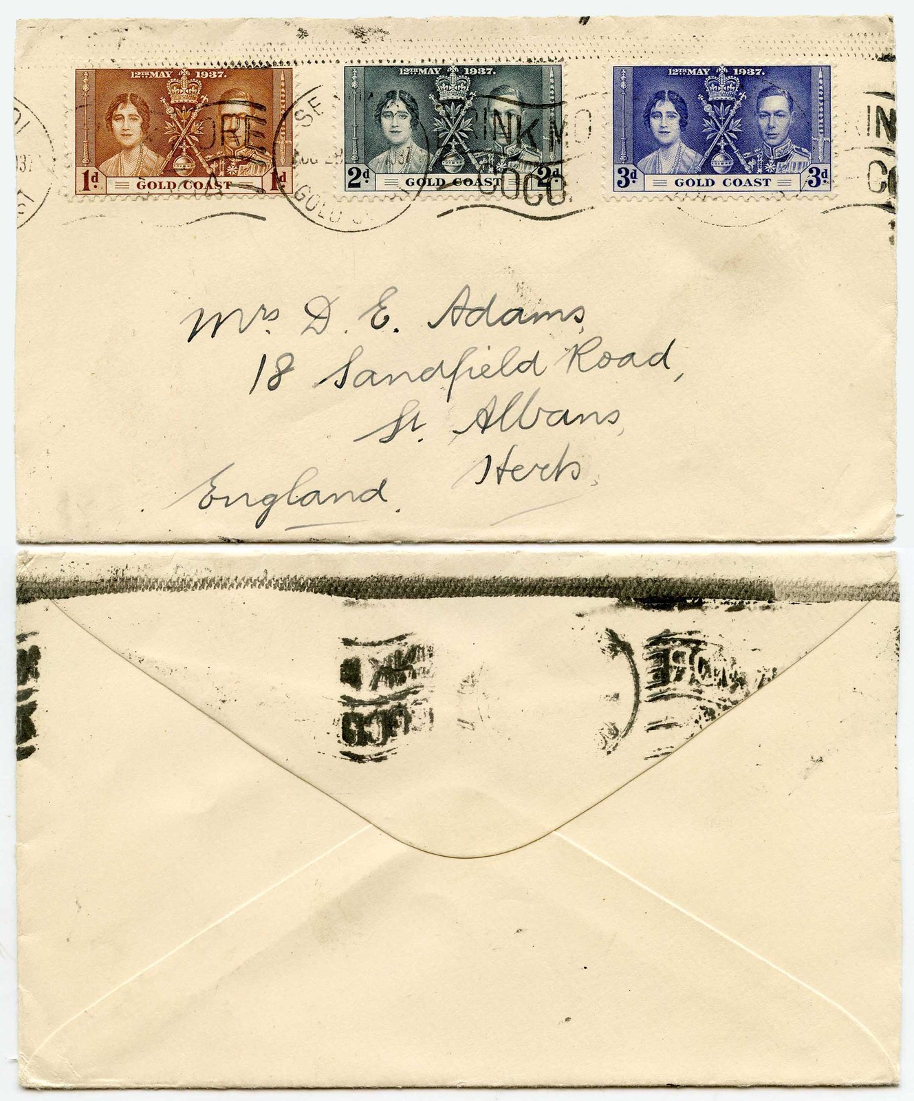 GOLD COAST 1937 CORONATION MACHINE CANCEL KRAG SEKONDI to ST ALBANS ...