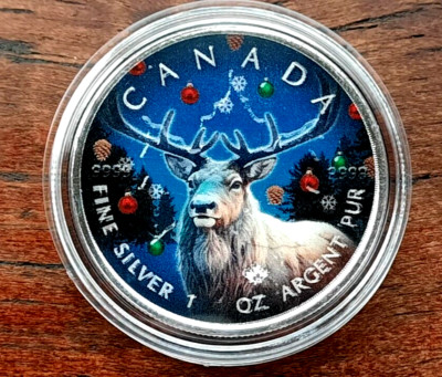 CHRISTMAS REINDEER CANADIAN MAPLE RUDOLPH Colorized 1oz 999.9 Fine ...