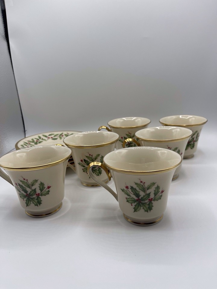 Lenox Holiday Dimension Holly Collection Cups with Saucers Set of 6 ...