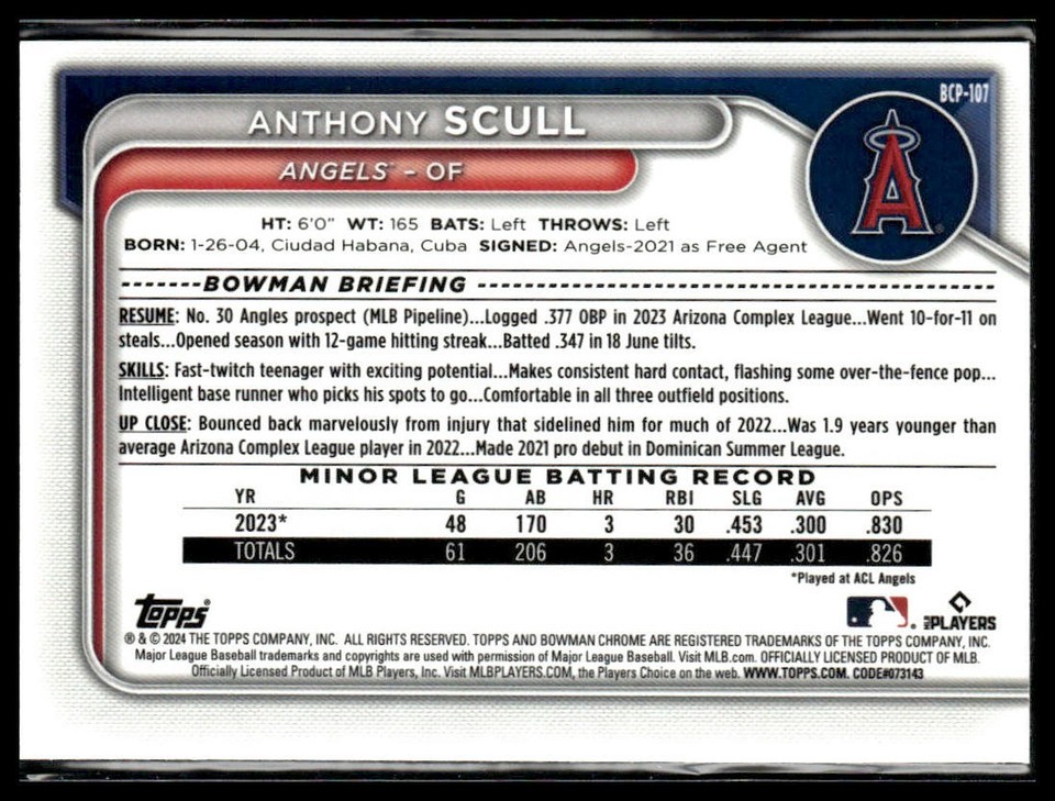 Anthony Scull 2024 1st Bowman Chrome Saphire Edition Card #BCP-107 | eBay