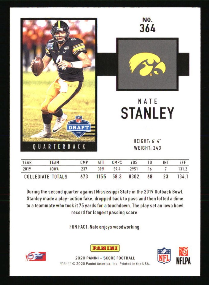 Nate Stanley 2020 Score #364 FOOTBALL Card | eBay