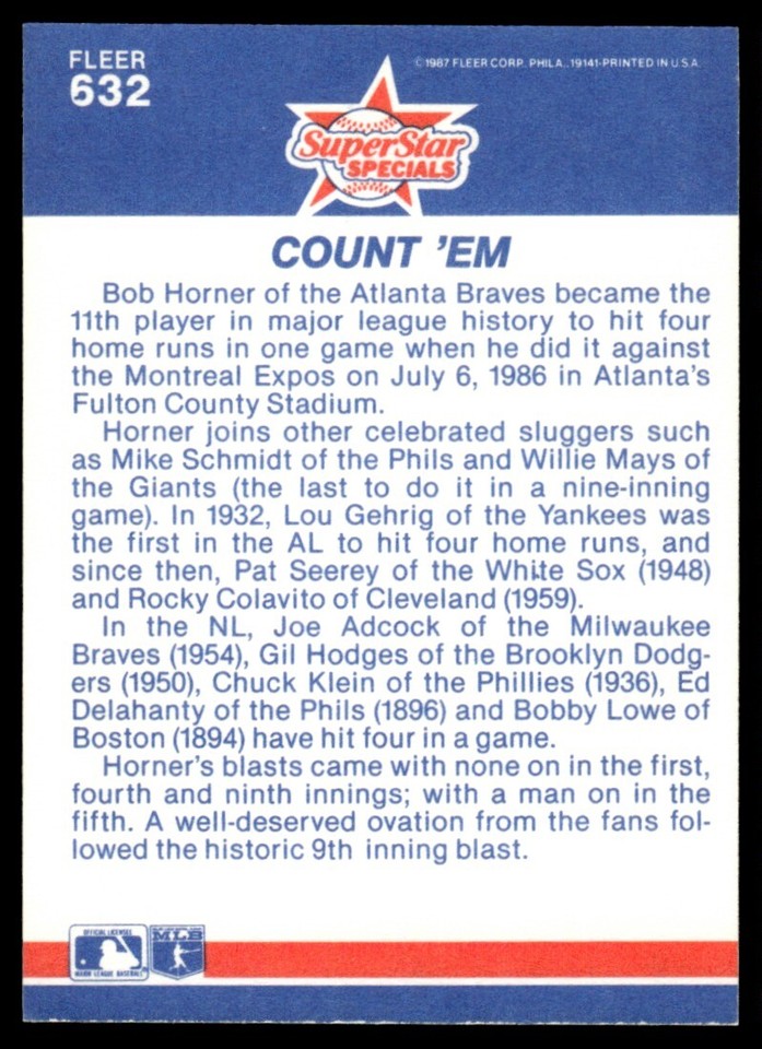 1987 Fleer Bob Horner Atlanta Braves #632 | eBay