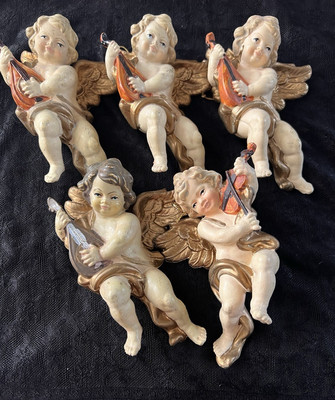 Set of 5 Vintage Molded Cherub Ornaments Playing Instruments 6 1/2" X 3 ...