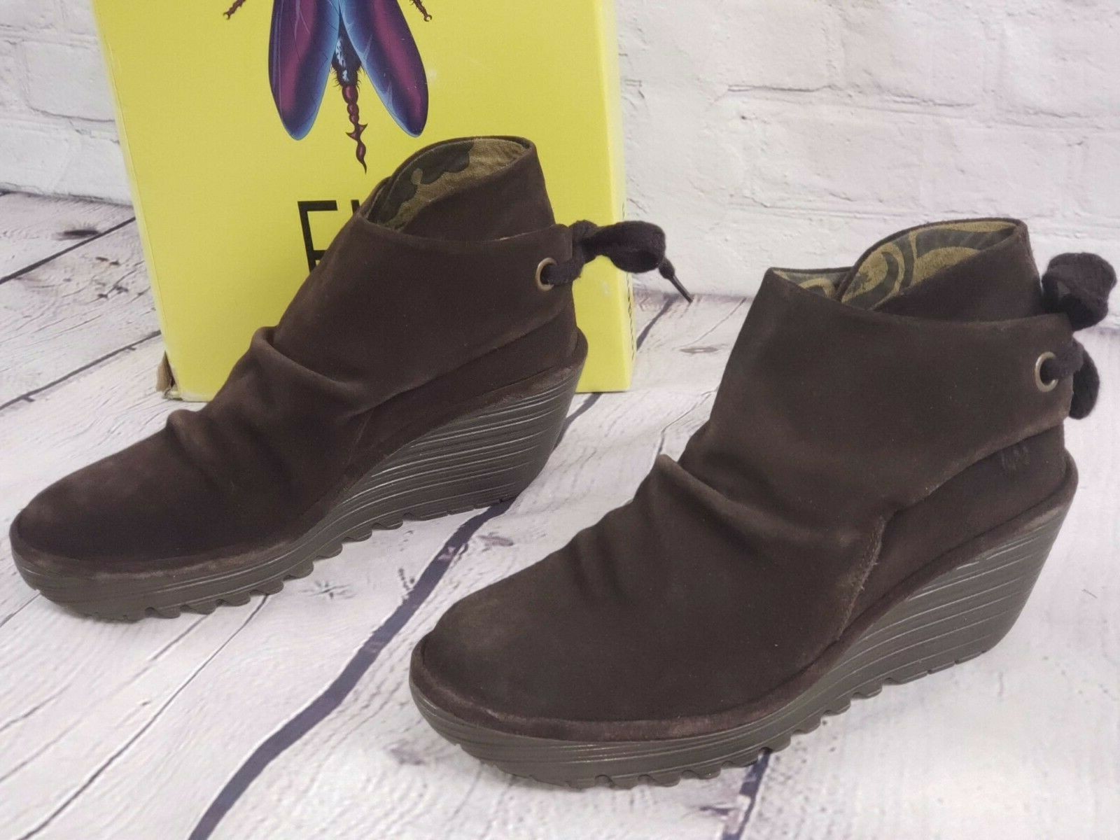FLY London - Suede Leather Ruched Ankle Boots Lace-up - Yebi - Brown ...
