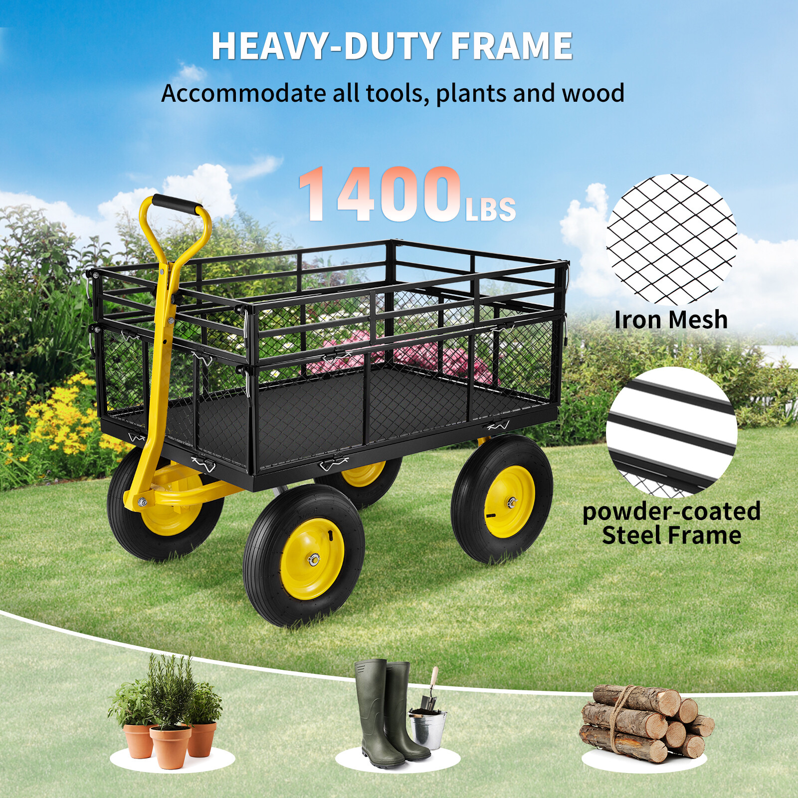 VEVOR Heavy-Duty Steel Garden Cart Lawn Utility Cart 1400 lbs w ...