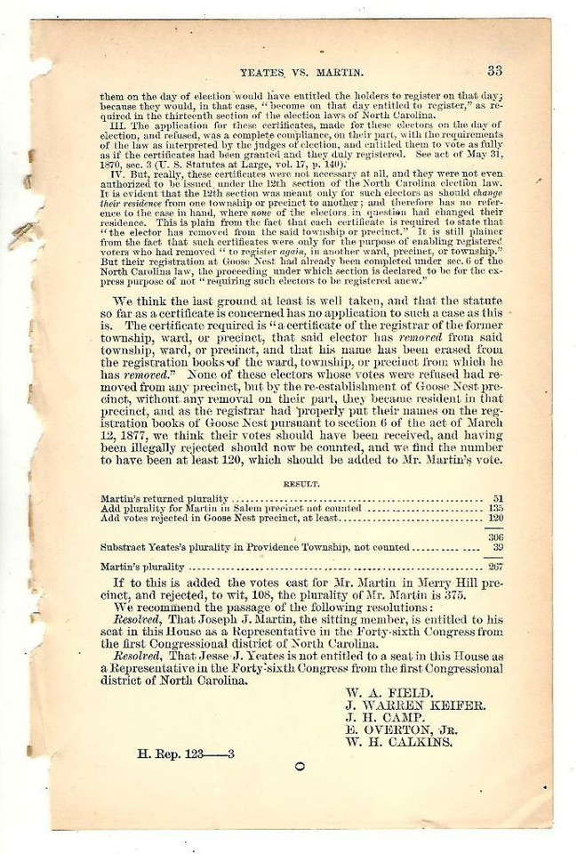 1881 Comte. Elections: Yeates Vs. Martin 1st Congressional District, N ...