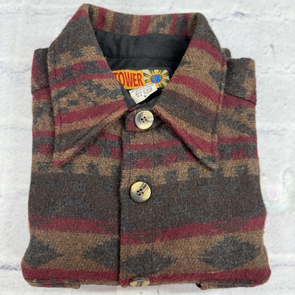 Vintage Tower Records Men's L Aztec Overshirt Jacket Wool Blend Rare ...