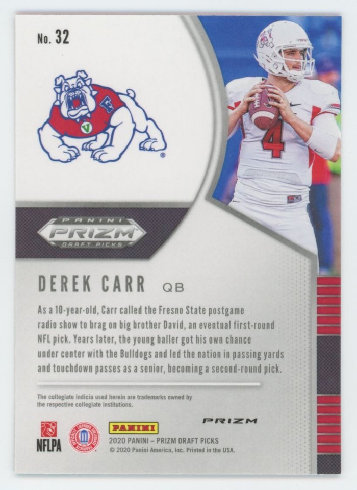 2020 Panini Prizm Draft Picks Pink Derek Carr Fresno State Bulldogs #32 ...