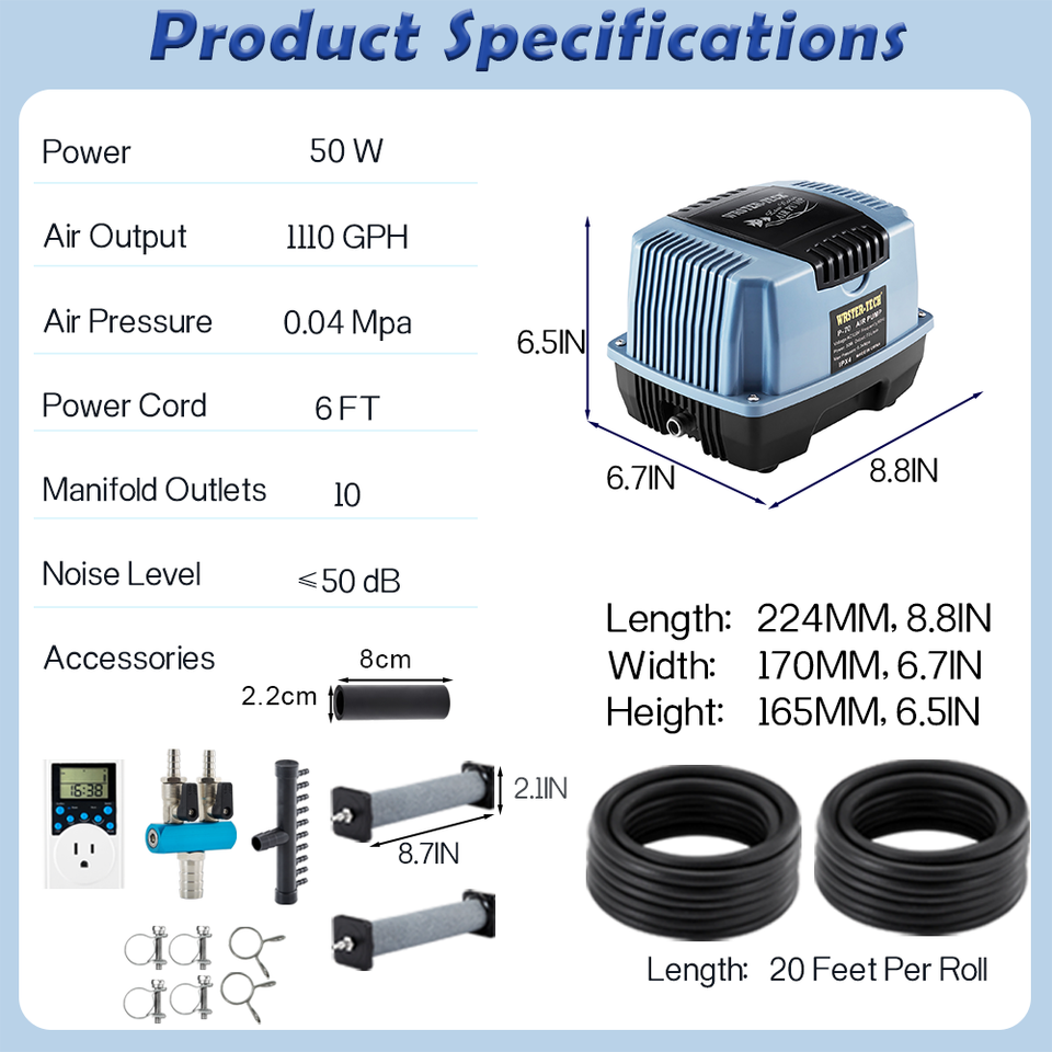 70 L/MIN Linear Air Pump Septic Aerator Timer 2x20ft Weighted Air Hose ...