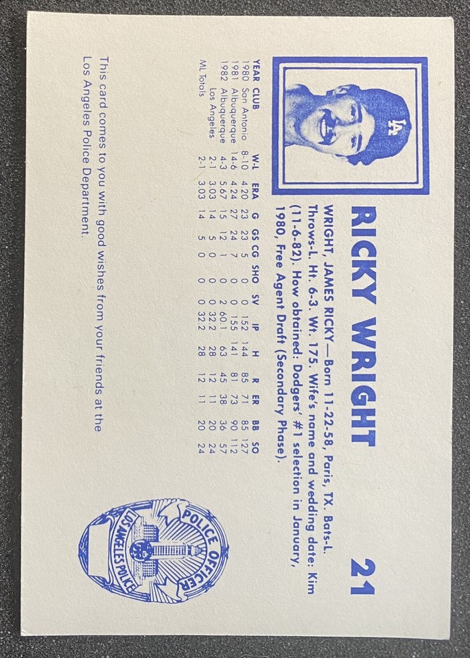 1983 LAPD Baseball Cards Ricky Wright #21 MINT | eBay