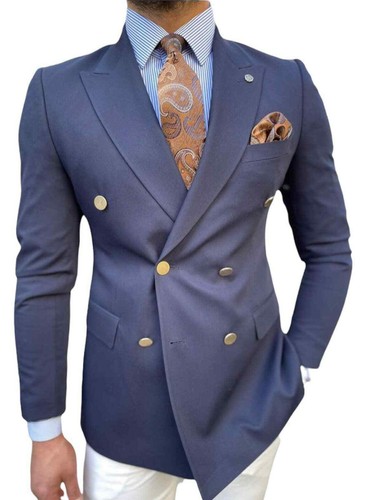 Designer Blue Two Rows Of Buttons Double Row Jacket Golden Fitted Slim ...