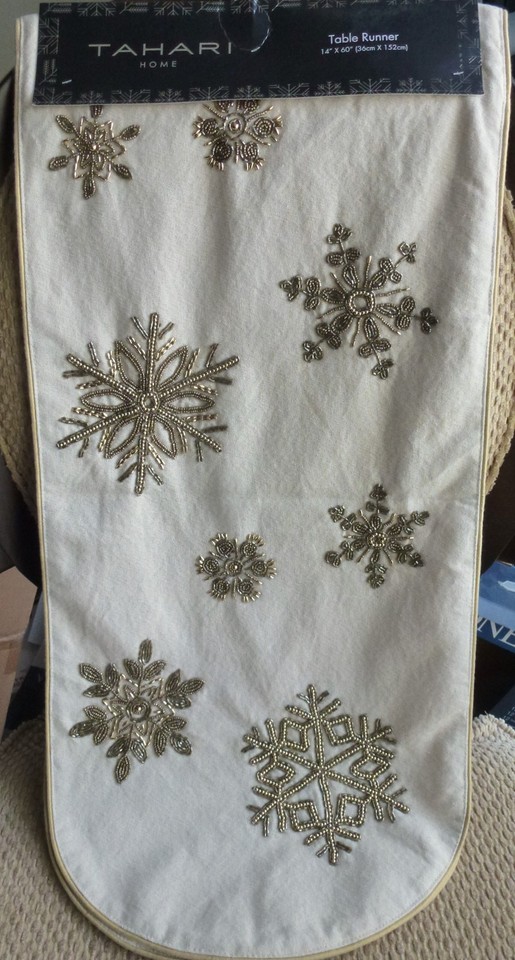 TAHARI Gold Snowflakes TABLE RUNNER Winter Beaded Sparkle 14" x 60" | eBay