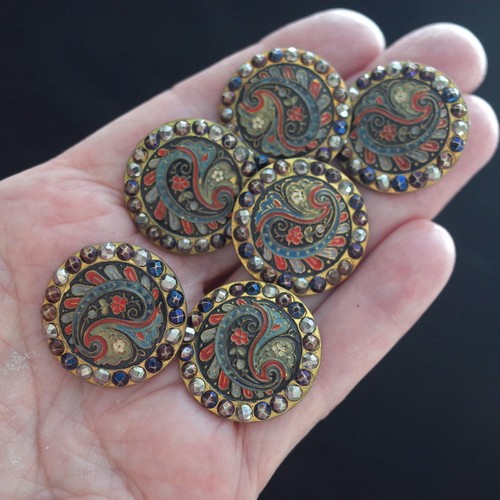 Antique Enamel French Champleve Paisley Brass Buttons Cut Steel Border ...