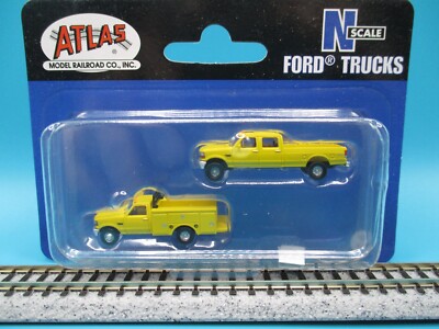 ATLAS N SCALE FORD PICKUP WORK TRUCK SET (2) - YELLOW - F250 & F350 ...