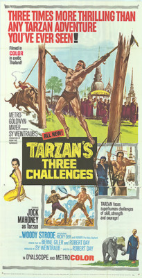TARZAN'S THREE CHALLENGES orig 3-sheet movie poster JOCK MAHONEY/WOODY ...