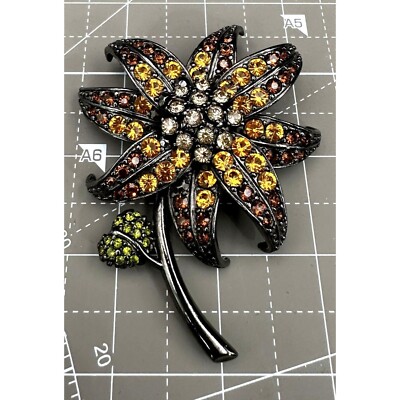 Joan Rivers Large Dark Metal Rhinestone Amber Leaf Floral Brooch *Mint ...