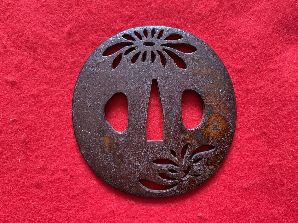Tsuba Japanese Sword Guard Chrysanthemum Engraved Iron Openwork Antique ...