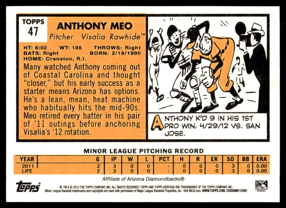 2012 Topps Heritage Minor League 47 Anthony Meo Visalia Rawhide ...
