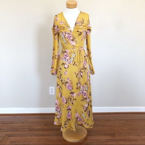WAYF Mariah Floral ruffle Wrap Dress Maxi Mustard Yellow S | eBay