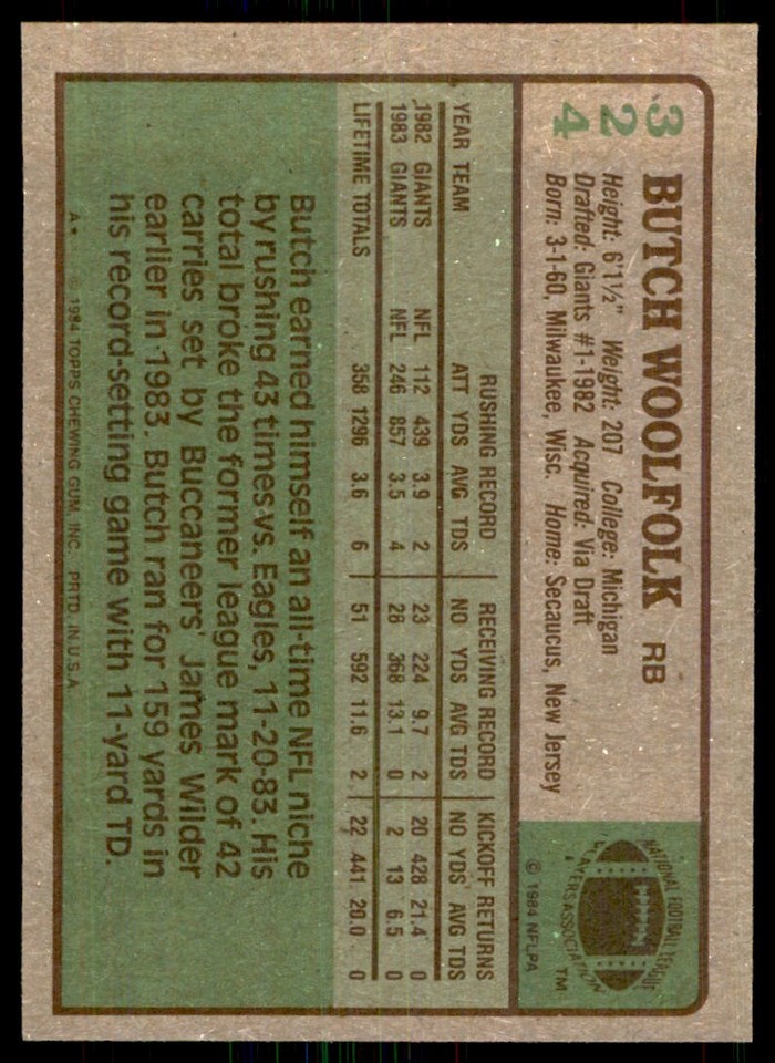 1984 TOPPS BUTCH WOOLFOLK NEW YORK GIANTS #324 | eBay
