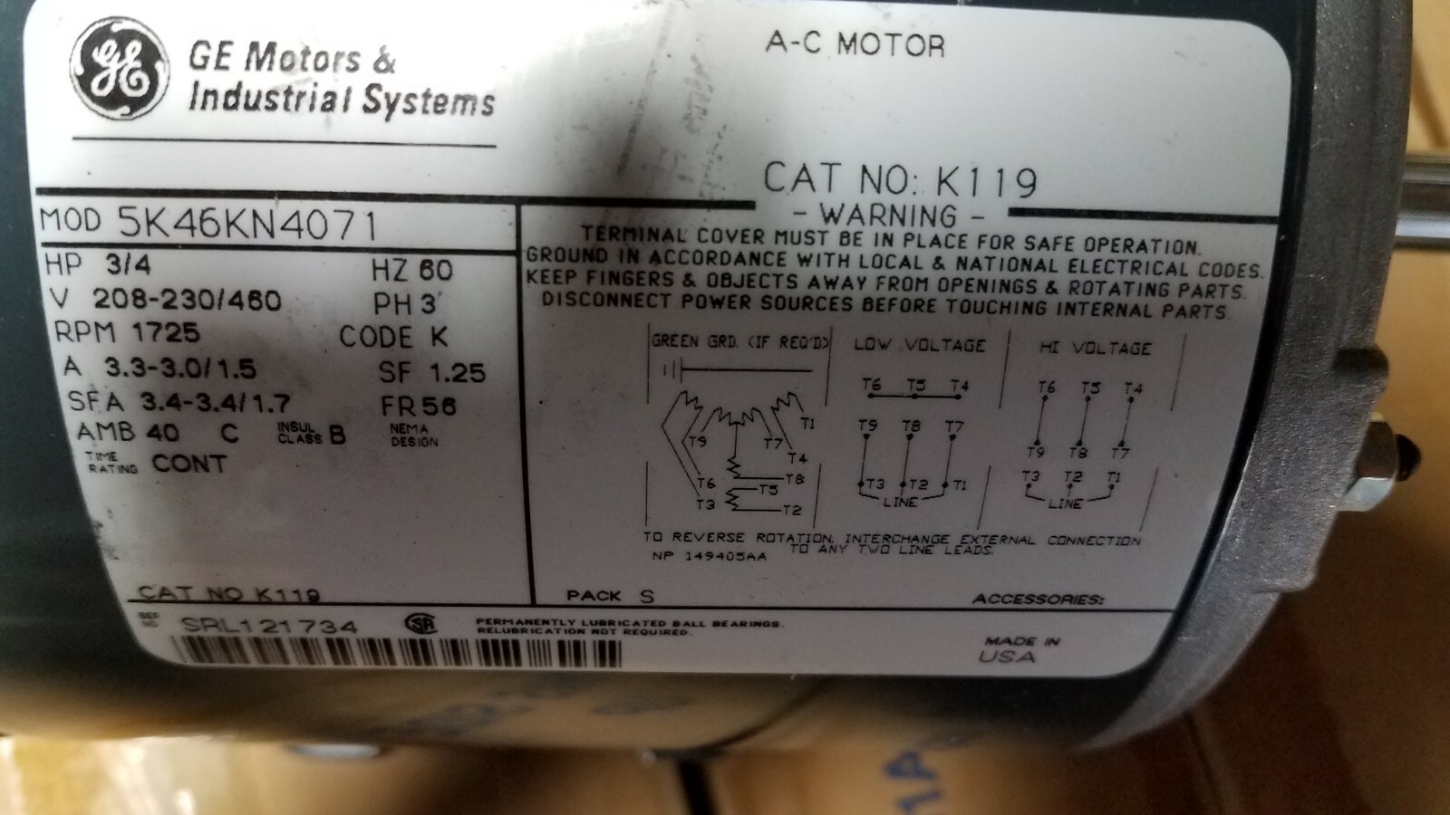GE 3/4 HP 3 PHASE MOTOR / MODEL K119 208-230/460 VOLT 1725 RPM | eBay