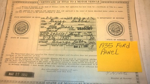 Vintage 1935 Ford Panel "RARE" Missouri Historical Title Document | eBay
