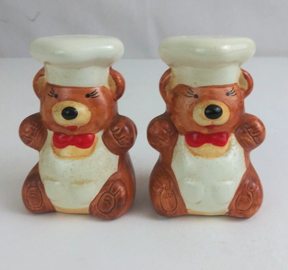 Set Of 2 Cute Chef Teddy Bears Wearing Aprons & Chef Hats Salt & Pepper ...