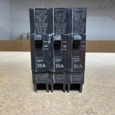 GE #E11592 / LOT (3) 277V 20A 1-Pole Circuit Breakers Type: TEY / USED ...