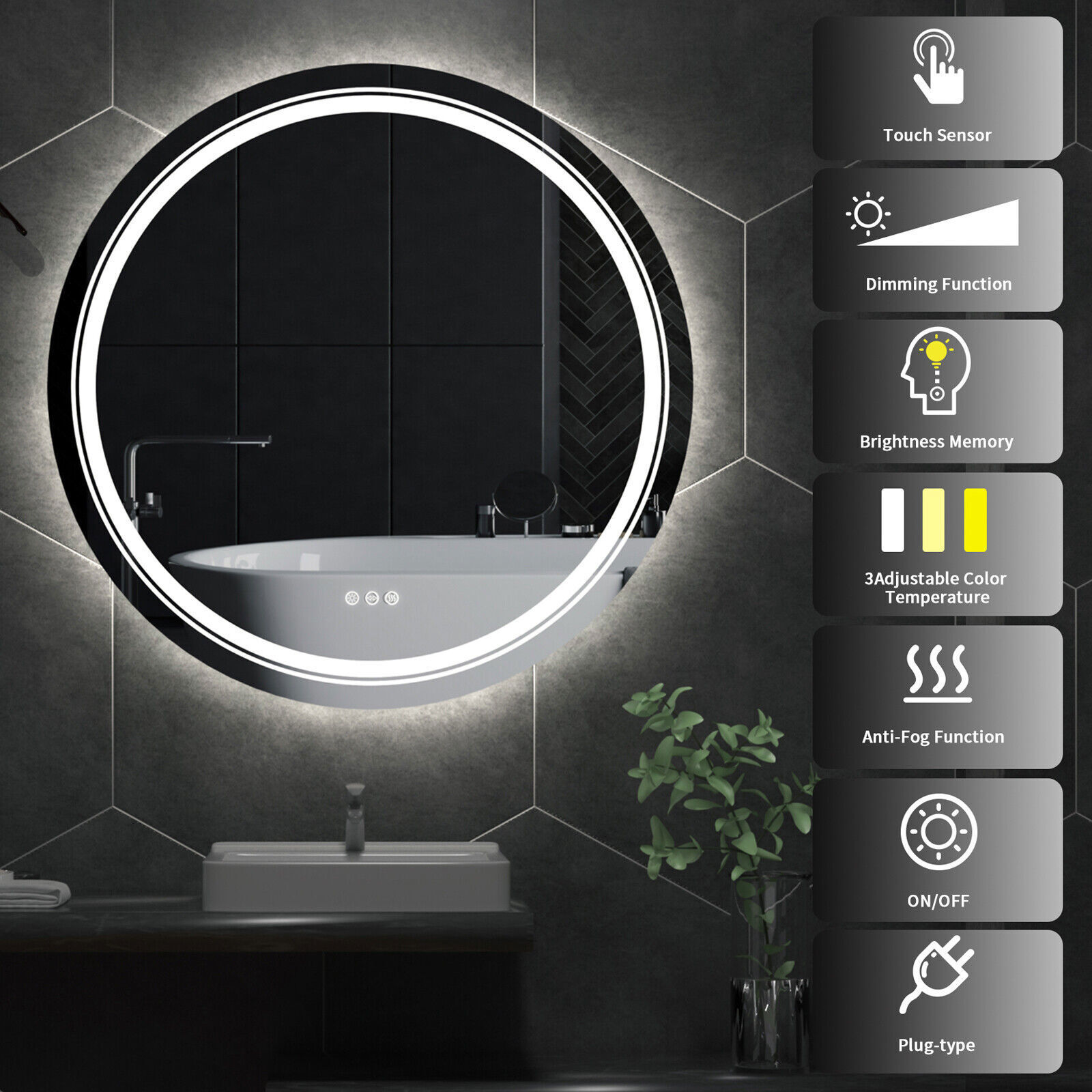 High Quality Round Bathroom Mirror with Light Dimmable LED Demister ...