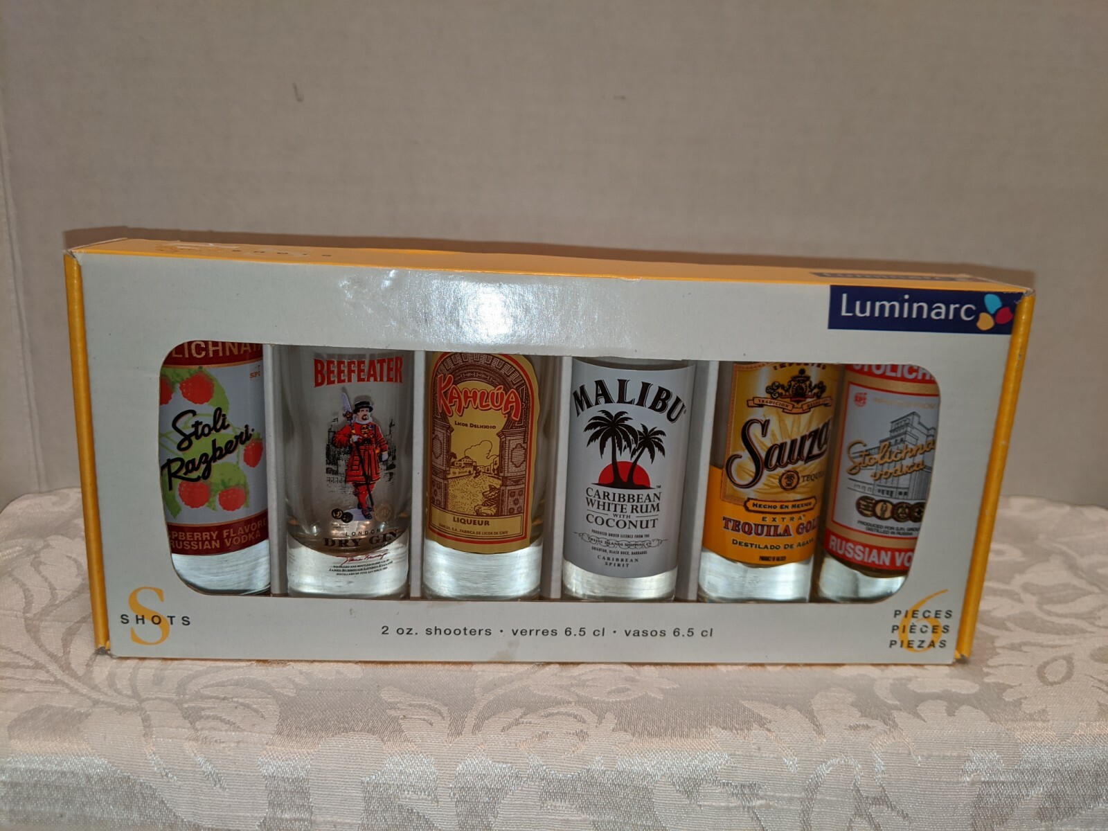 LUMINARC Boxed Set of 6 - 2oz Shooters Stoli Beefeater Kahlua Malibu ...