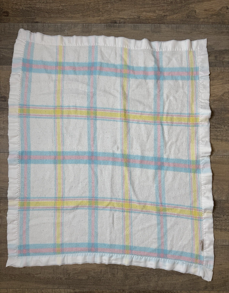 Vintage ESMOND Baby Blanket Acrylic Pastel Plaid Satin Trim Edge Blue ...